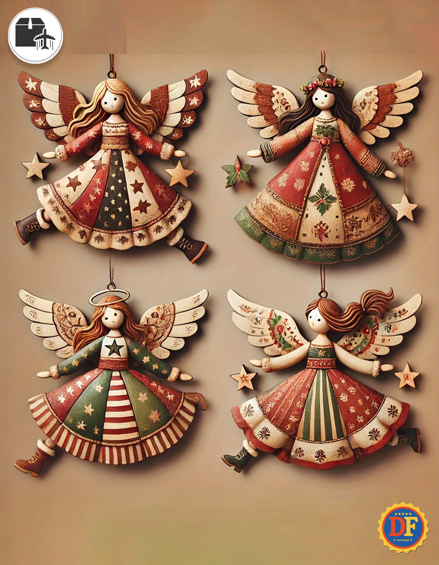 Винтажные деревянные подвески «Ангелочки» для елки — 7 дизайнов, ретро стиль, экологичный декор，Высота 8 см，4шт.