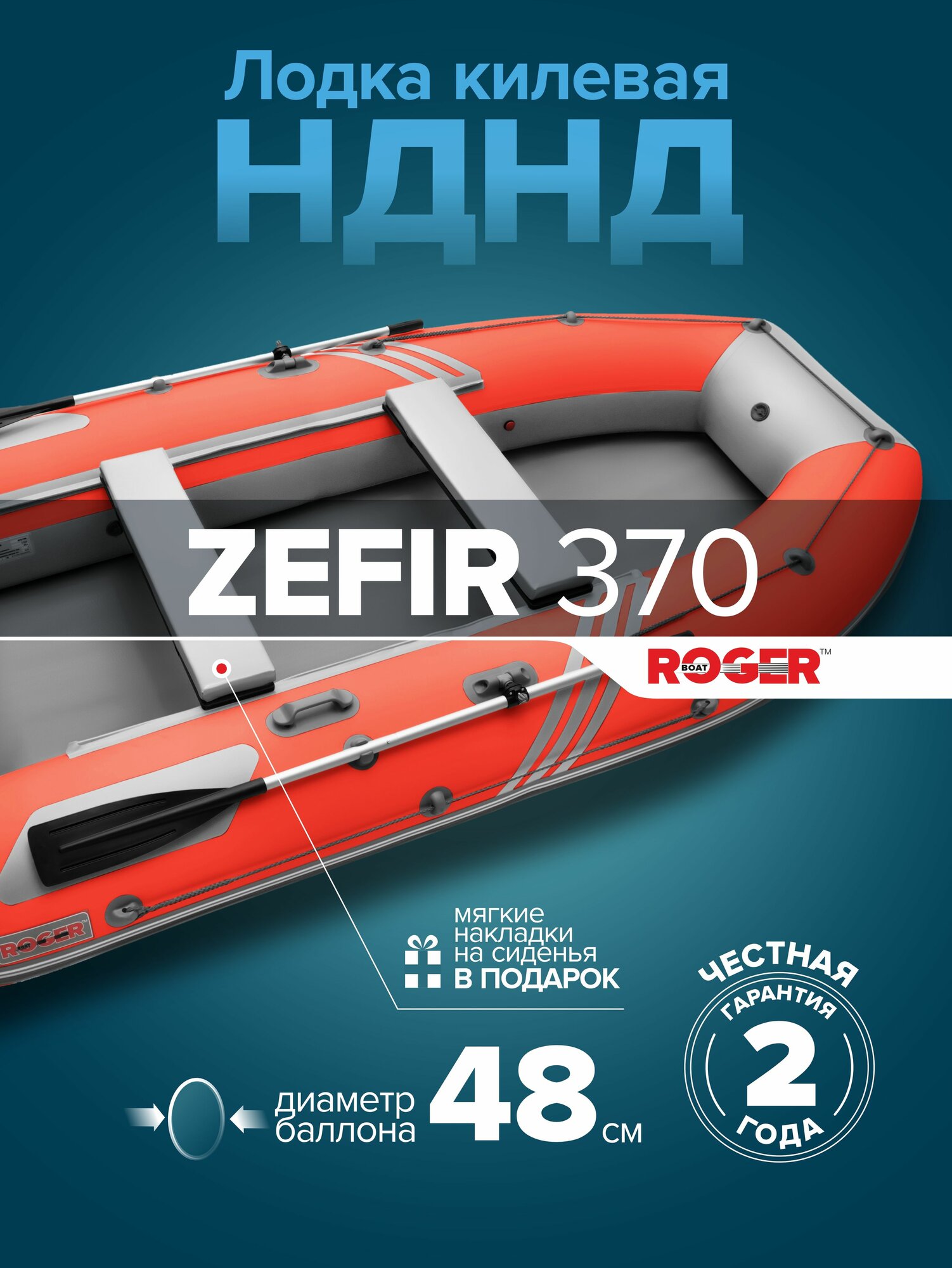 Лодка ПВХ под мотор ROGER Zefir 370, надувная для рыбалки роджер НДНД с ковриком призма (красный-серый)