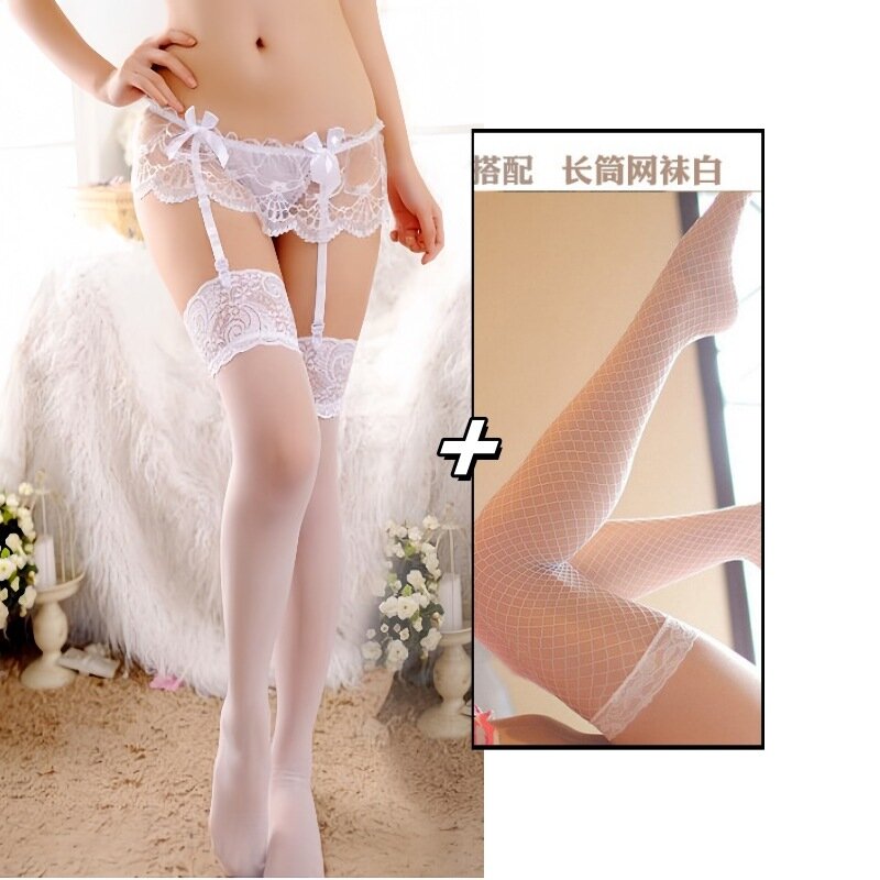Чулки с нескользящим поясом для чулок, сексуальная прозрачная кружевная отделка в виде бантика. Белый пояс для чулок + чулки в сеточку.