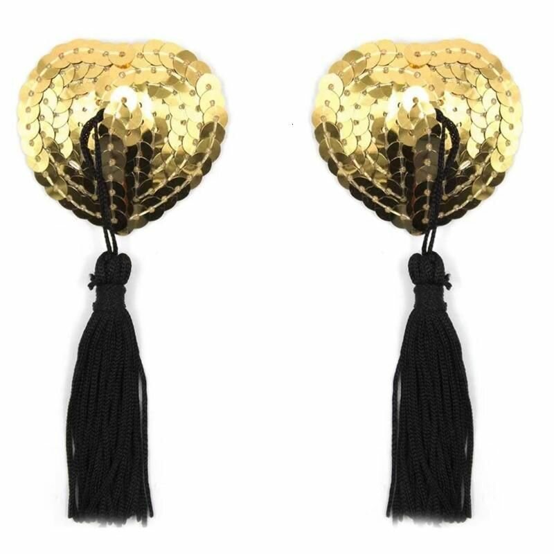 Блестящие накладки на грудь с кисточками, золотое с блестками в виде сердца