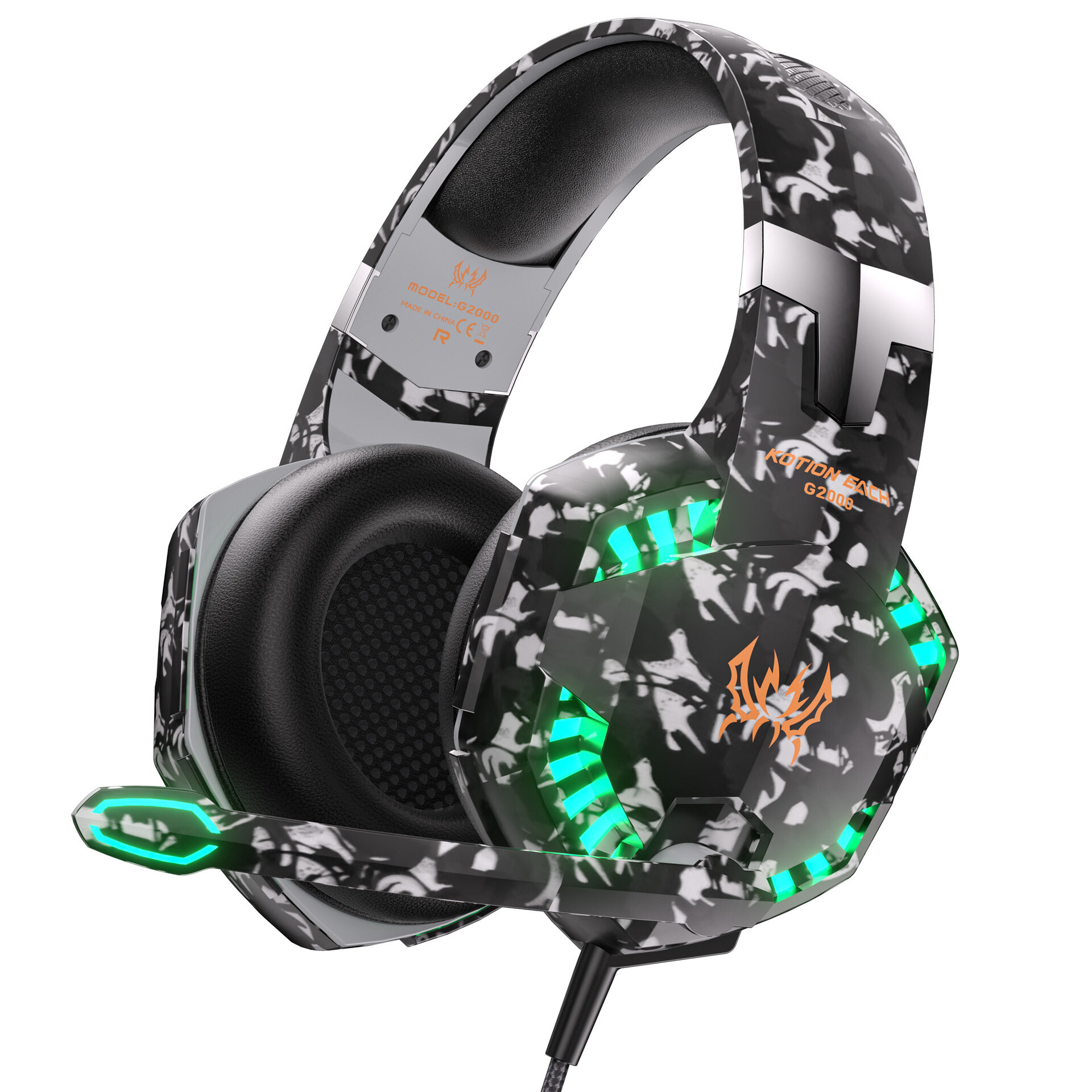 Yinzhu G2000 Проводная игровая гарнитура с микрофоном для ПК, камуфляжная серая, 100% проводное звучание для