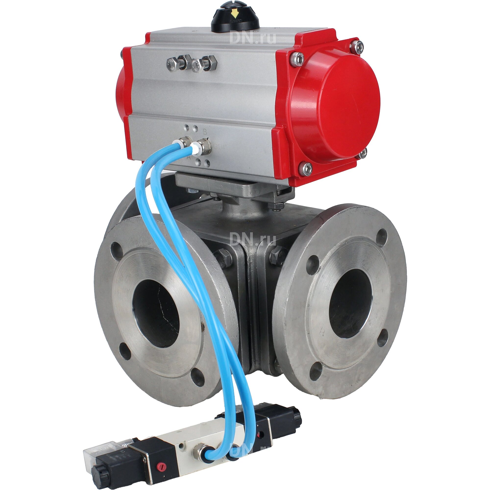 Кран шаровой DN.ru 316-316-PTFE Ду40 Ру16 полнопроходной, тип L, фланцевый, корпус - нержавеющая сталь SS316, ISO-фланец F05/F07 квадрат 14х14, с пневмоприводом DA-065 двойного действия и пневмораспределителем PND1-S2EM-52-2-T10-220VAC 220В