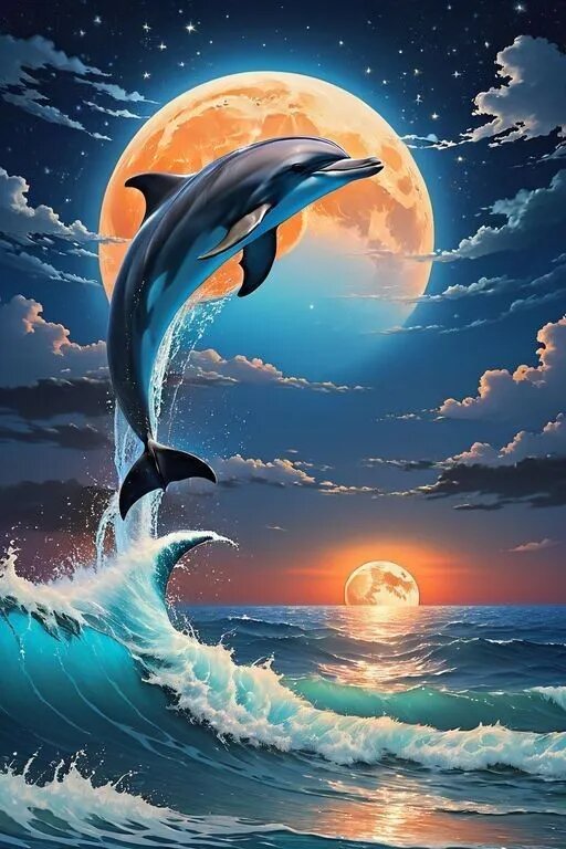 Алмазная Картина "дельфин" 5D Круглый Бриллиант 40х50 См.