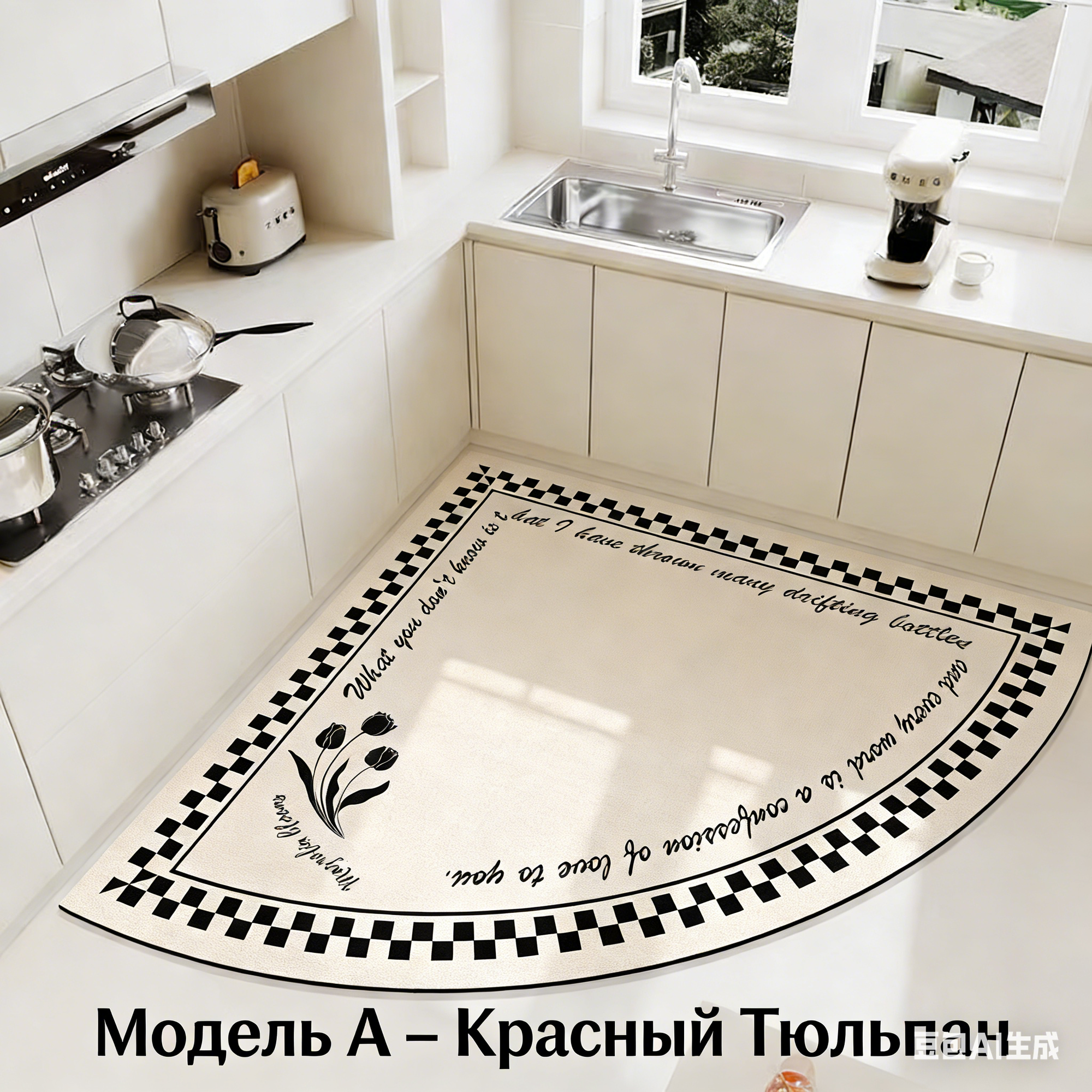 Коврик безворсовый кухонный угловой 80х80 см на пол Кухонный ковер в форме сердца, Модель А – Красный Тюльпан