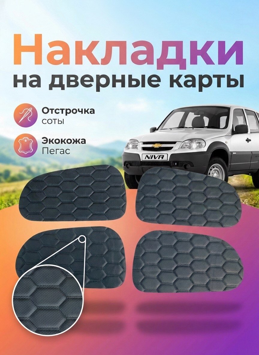 Вставки из экокожи в дверные карты для обшивки дверей на Chevrolet Niva/Шевроле Нива, черная перфорация с белыми сотами