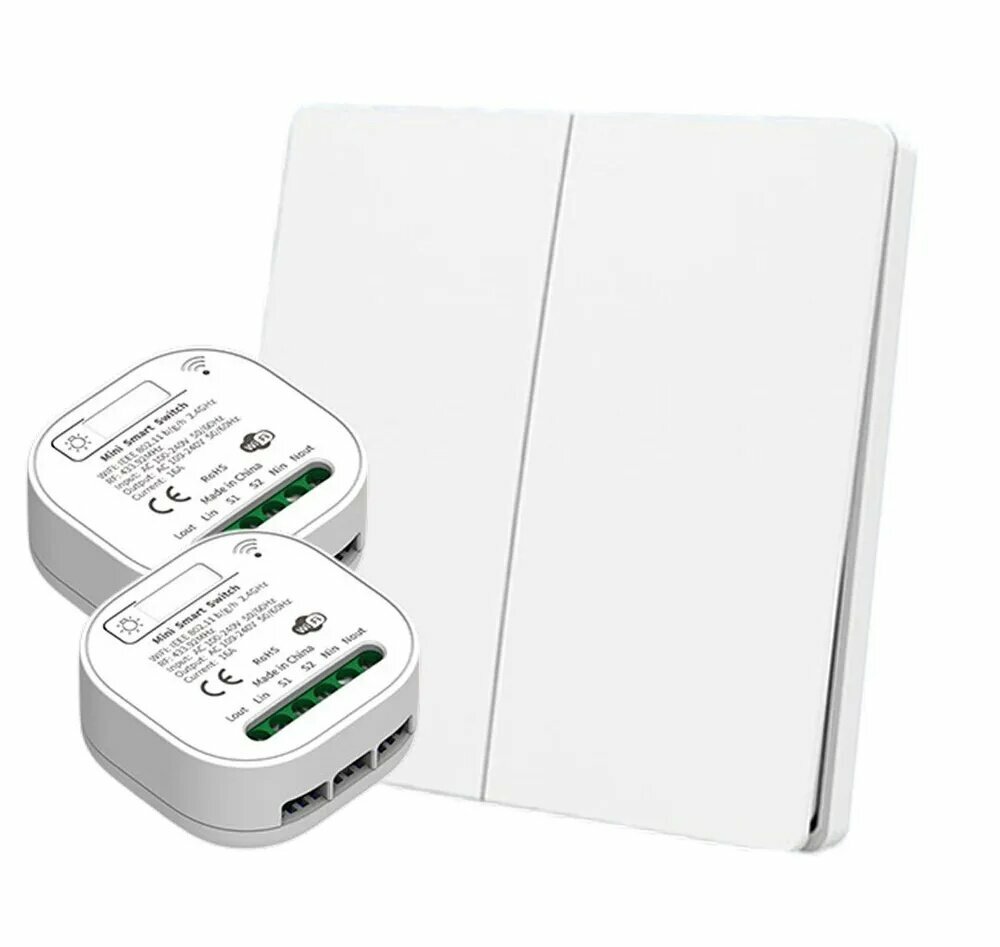 Беспроводной выключатель с Wi-Fi и RF433мГц двухклавишный, умный кинетический беспроводной выключатель + 2шт умное реле
