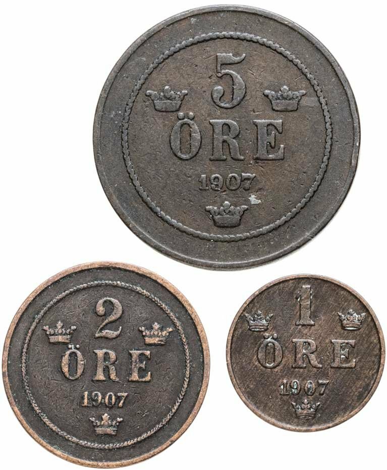 Швеция набор монет 1,2,5 эре 1907 Король Оскар II, Бронза 500, в сохранности VF-XF