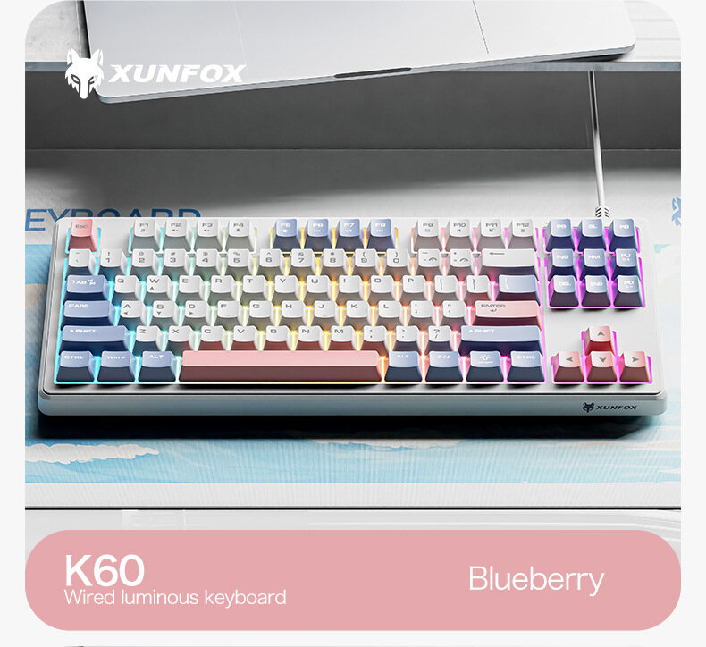XuanYinHu K60 Клавиатура с подсветкой RGB для ПК и ноутбука, цвет сине-ягодный