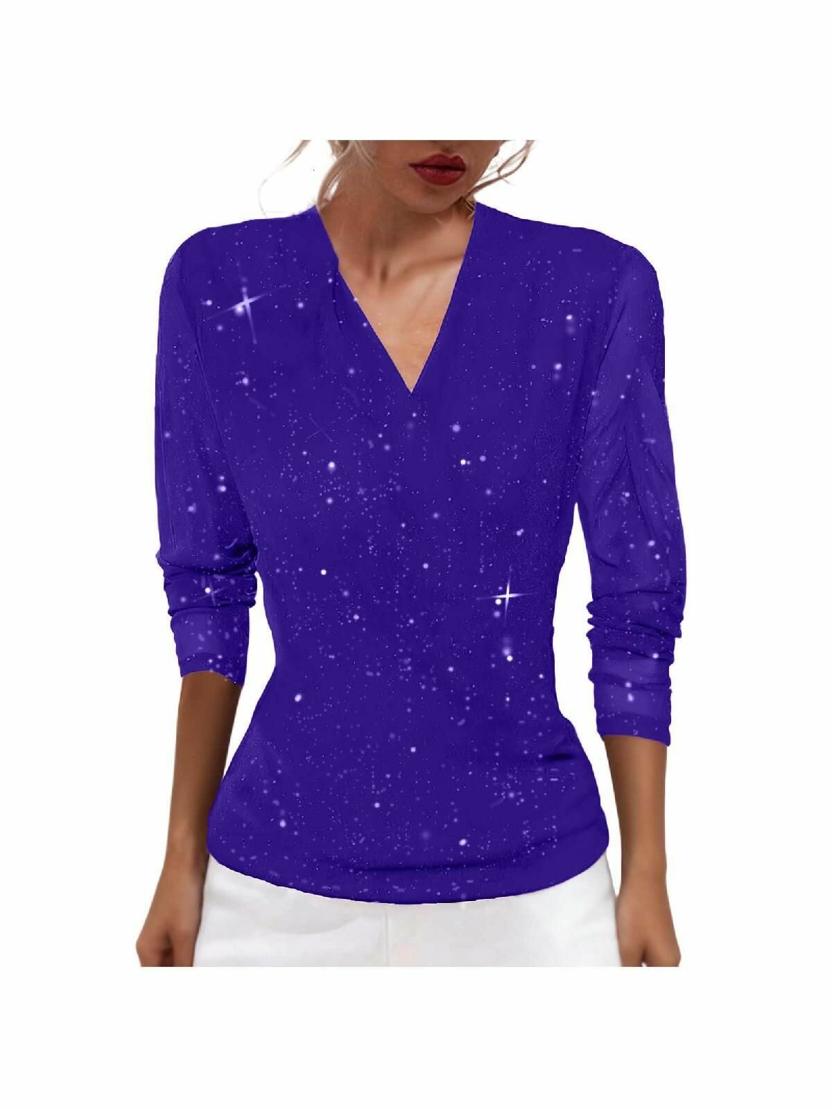 Блестящая блузка с V-образным вырезом и длинными рукавами, Фиолетовый - L