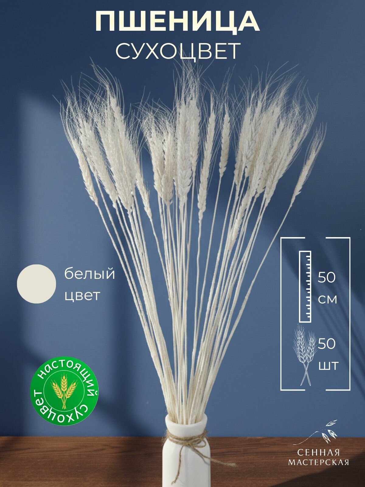 Пшеница сухоцветы для декора, букет из сухоцветов для интерьера, белый 50 см, 55 шт.
