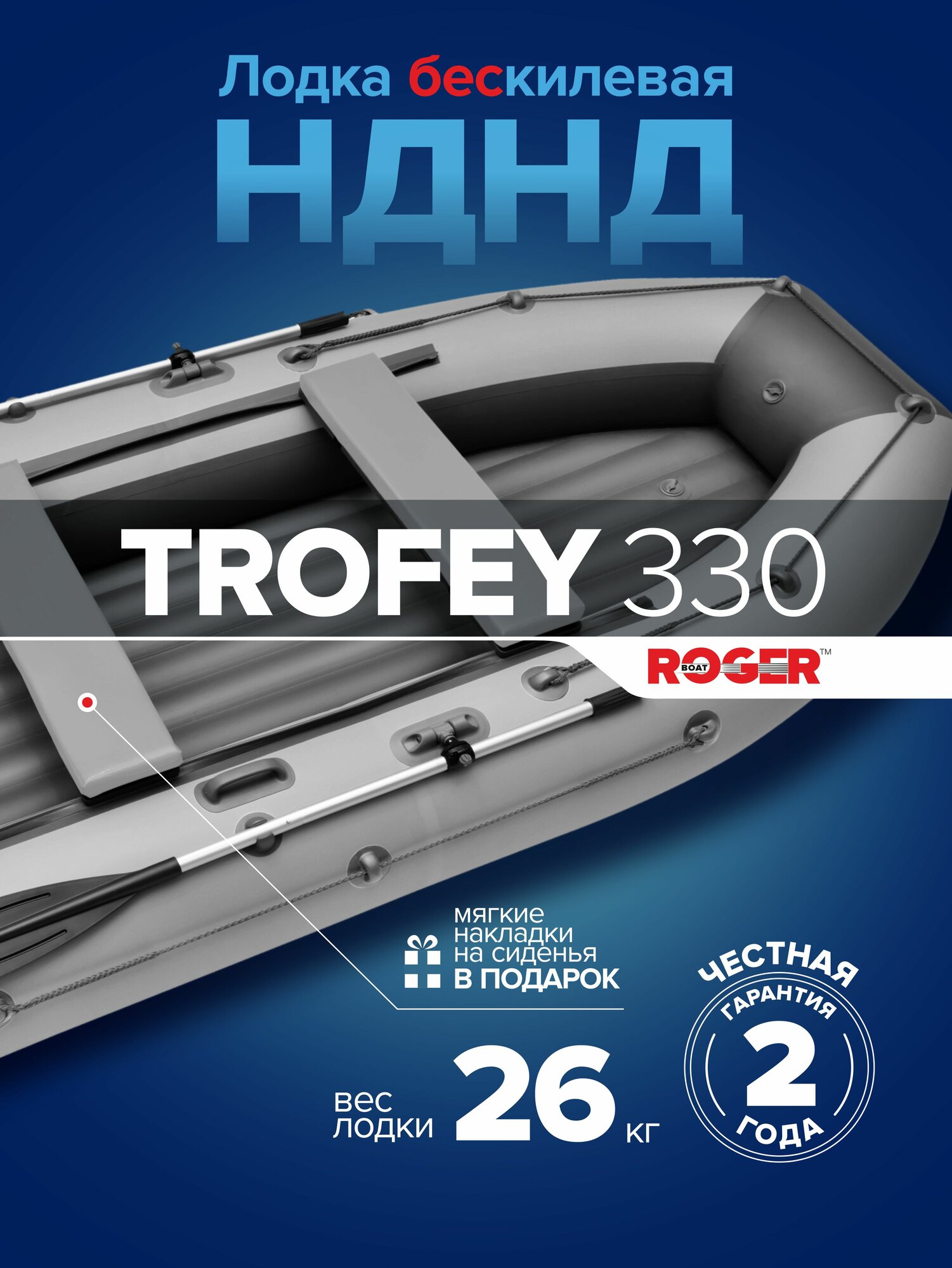 Лодка ПВХ под мотор НДНД ROGER Trofey 330, лодка надувная для рыбалки роджер (серый графит)