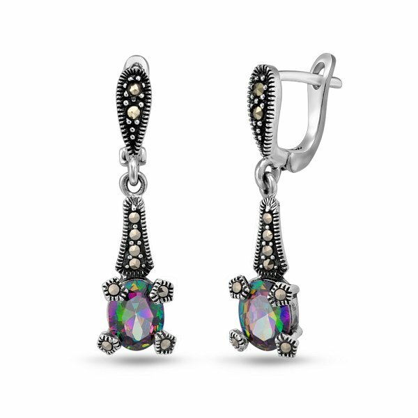 Серьги с подвесками, серебро, 925 проба, оксидирование, марказит, кварц