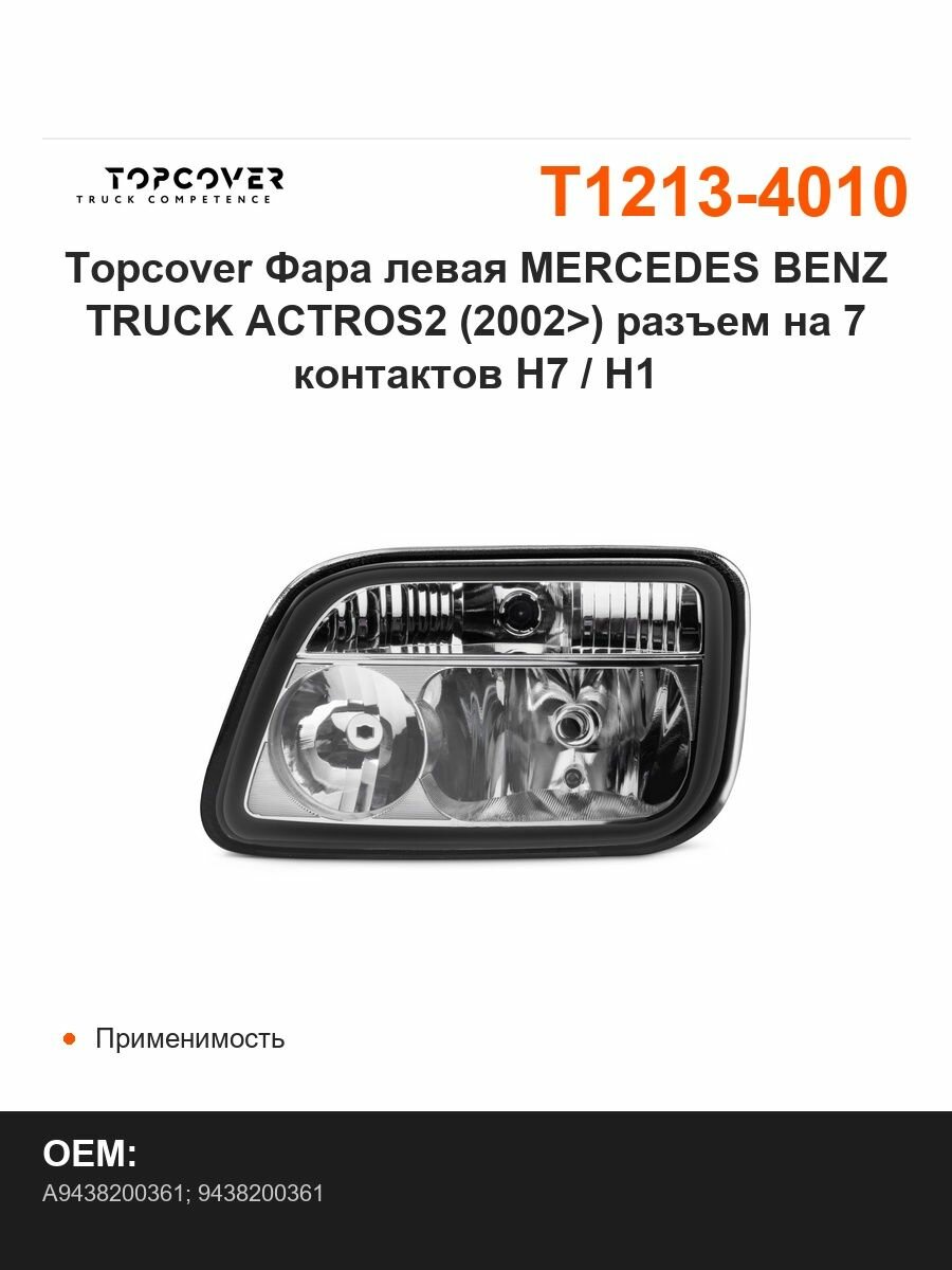 Topcover Фара левая MERCEDES BENZ TRUCK ACTROS2 (2002>) разъем на 7 контактов H7 / H1