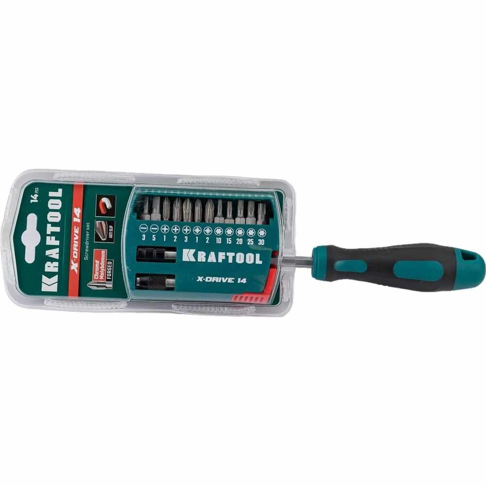 KRAFTOOL X-Drive-14 Набор: отвертка-битодержатель с насадками 14 шт 25814