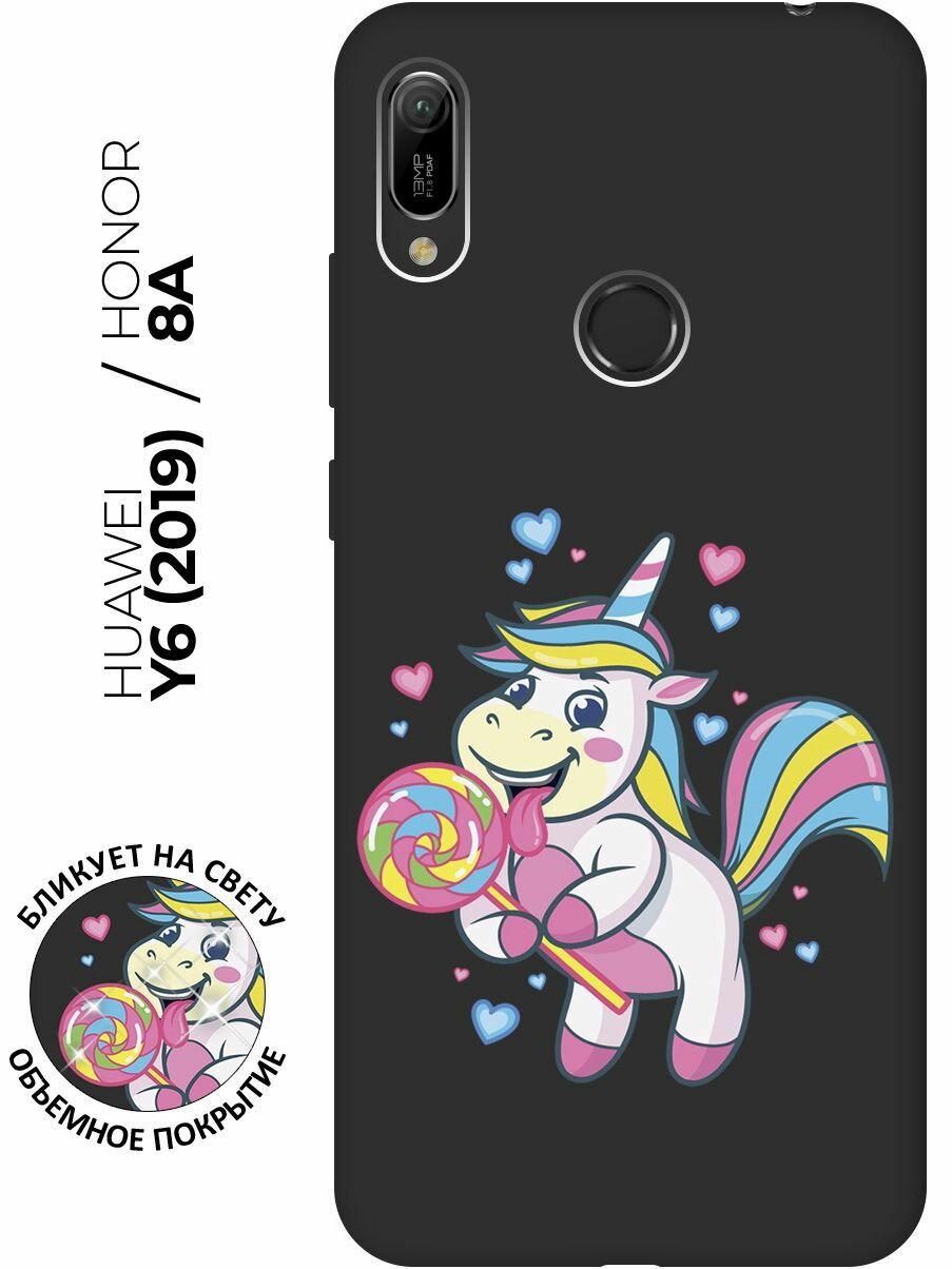 Матовый чехол Unicorn and candy для Honor 8A / 8A Pro / Huawei Y6 (2019) / Y6 Prime (2019) / Хонор 8а / 8а Про / Хуавей У6 2019 с 3D эффектом черный