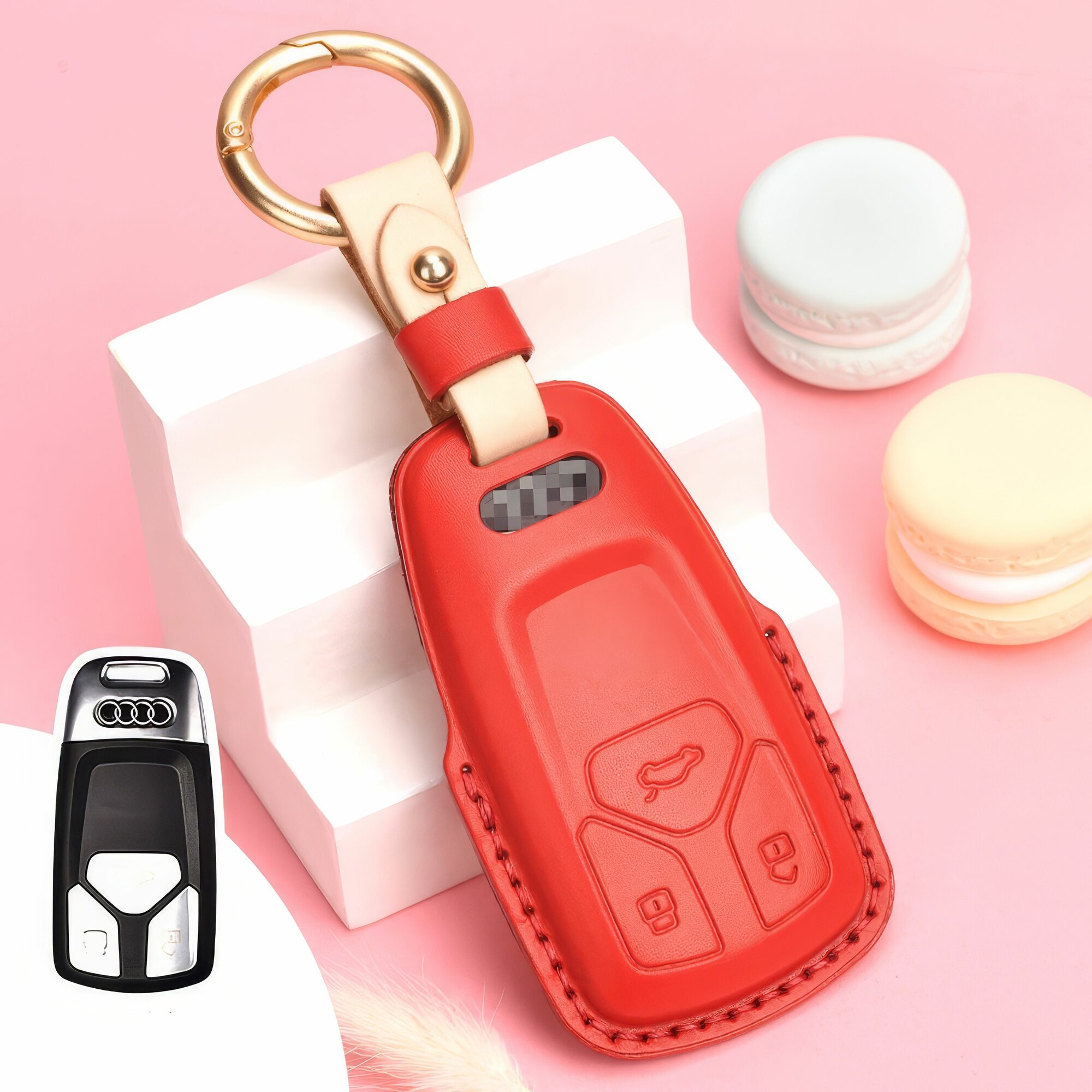 Чехол для ключа Mejicar, для Audi, натуральная кожа, 3 кнопки, карабин-кольцо, красный, 1 шт