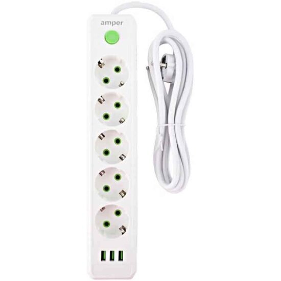 Сетевой удлинитель с USB Amper JH-1033U-4W 5 розеток, 3usb, 2500 Вт, 10А, 4,0м, белый.