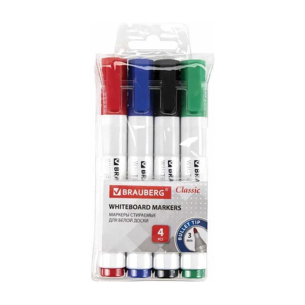 Стираемые маркеры для белой доски BRAUBERG CLASSIC набор 4 цвета, 3 мм, с клипом 152117