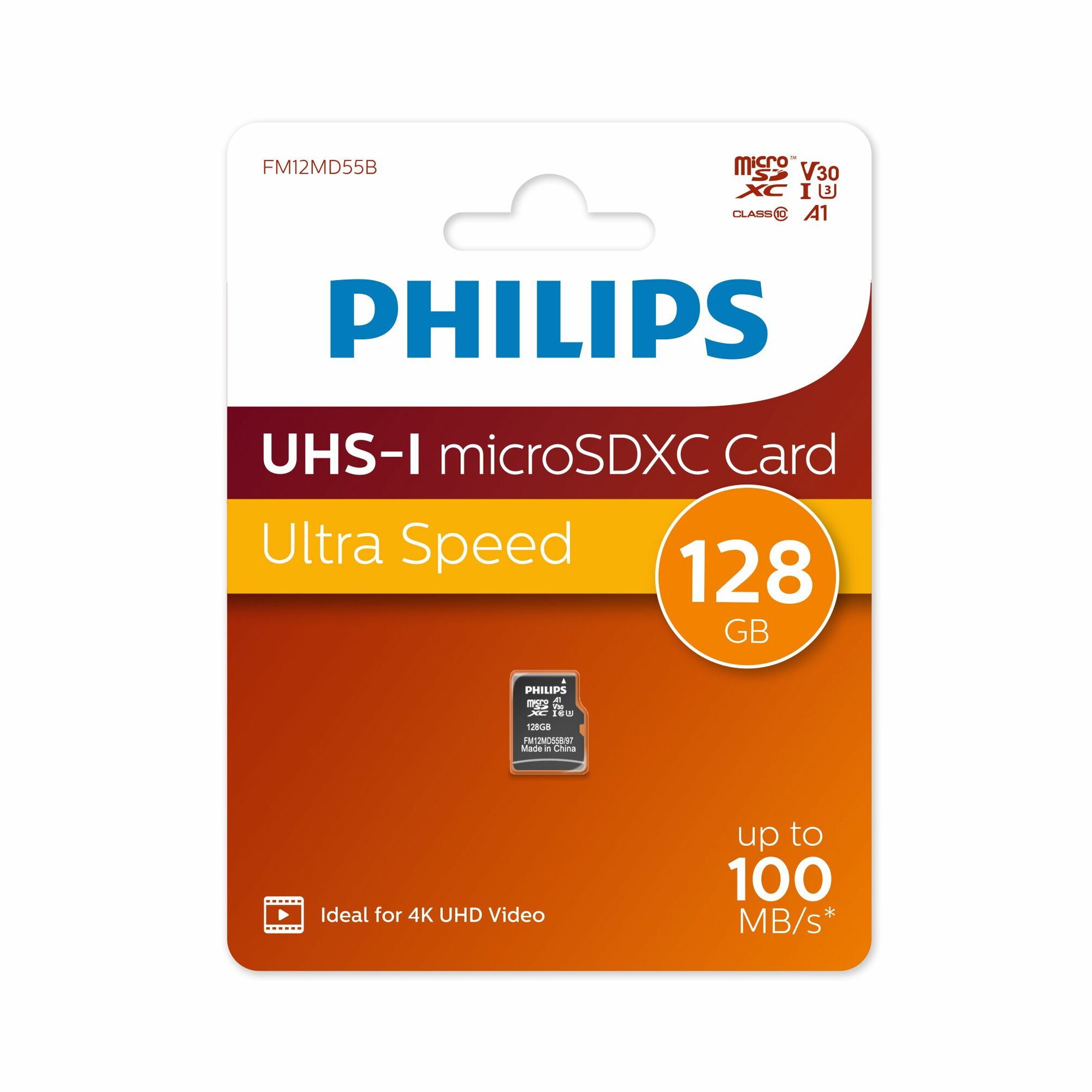 Флеш карта microSD 128GB PHILIPS High Speed microSDXC Class UHS-I U3, V30, A1, 100MB/s