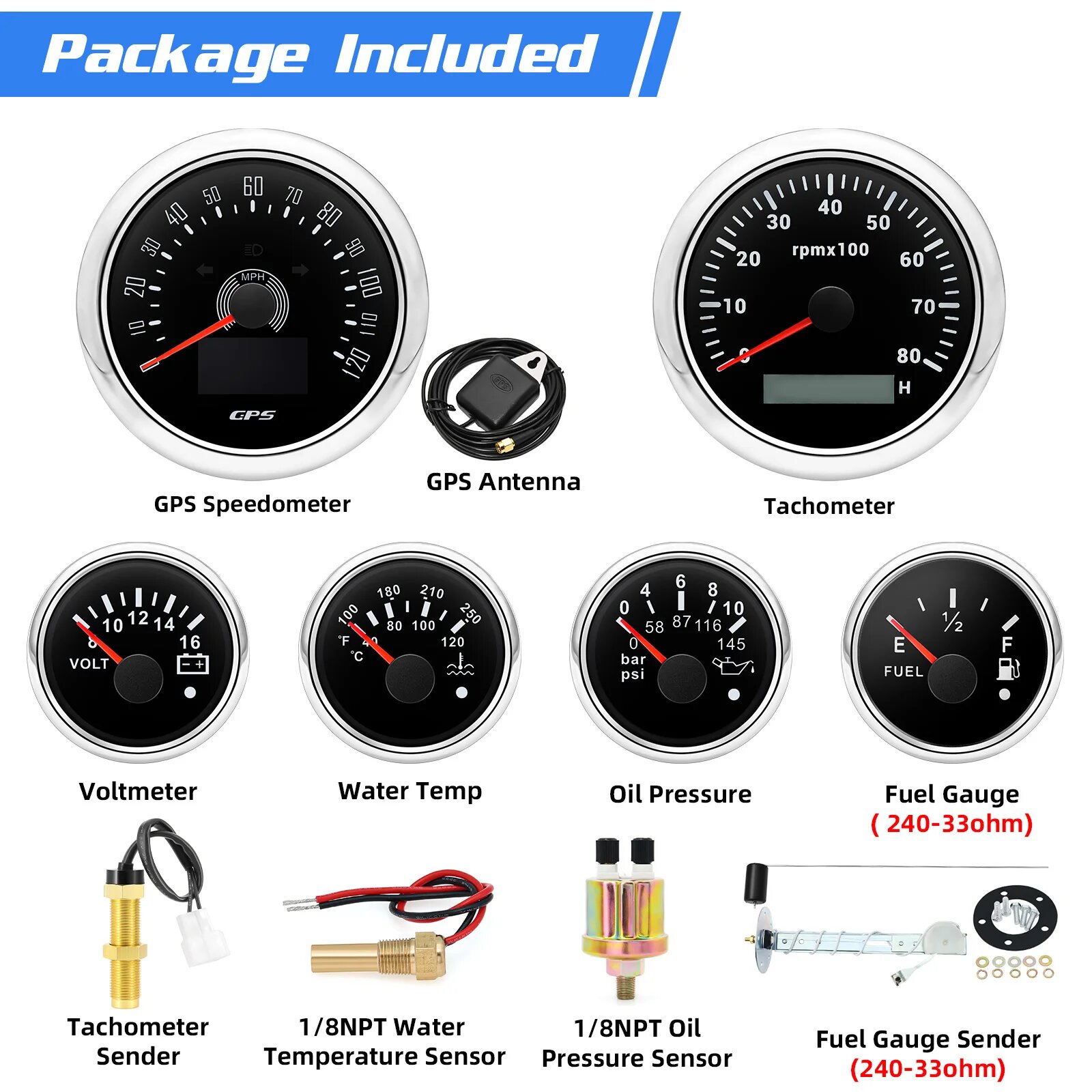 Авто 6 манометров, набор указателей, 8000 об/мин, тахометр, 85 мм, спидометр, температура воды/уровень топлива/пресс масла, вольтметр для автомобиля, лодки, автофургона BS