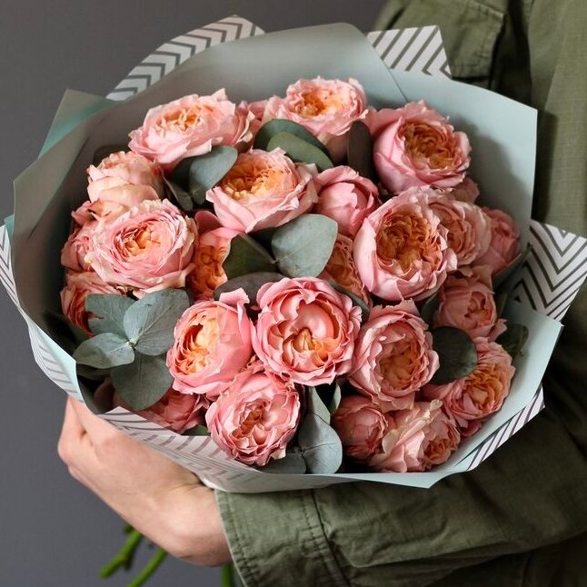 Букет из персиковых кустовых роз 25 шт, красивый букет цветов, шикарный, премиум цветы, премиум букет