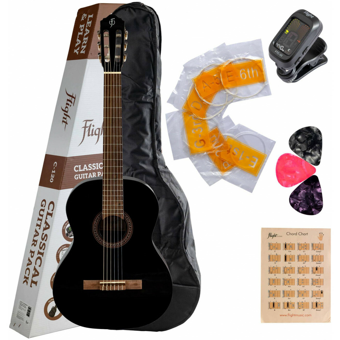 Классическая гитара Flight C-120 BK PACK (аксессуары в компл)