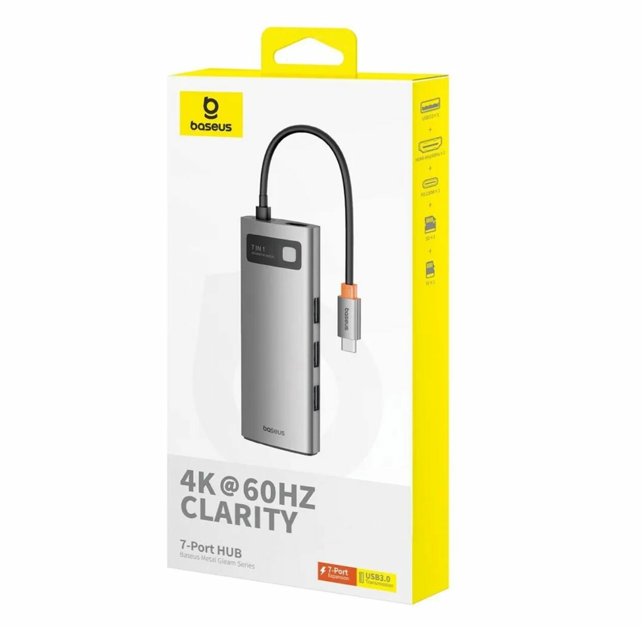 Хаб/HUB Baseus CLARITY 7-Port HUB, 4K60HZ, вход USB-C, (B00030708811-01) серый
