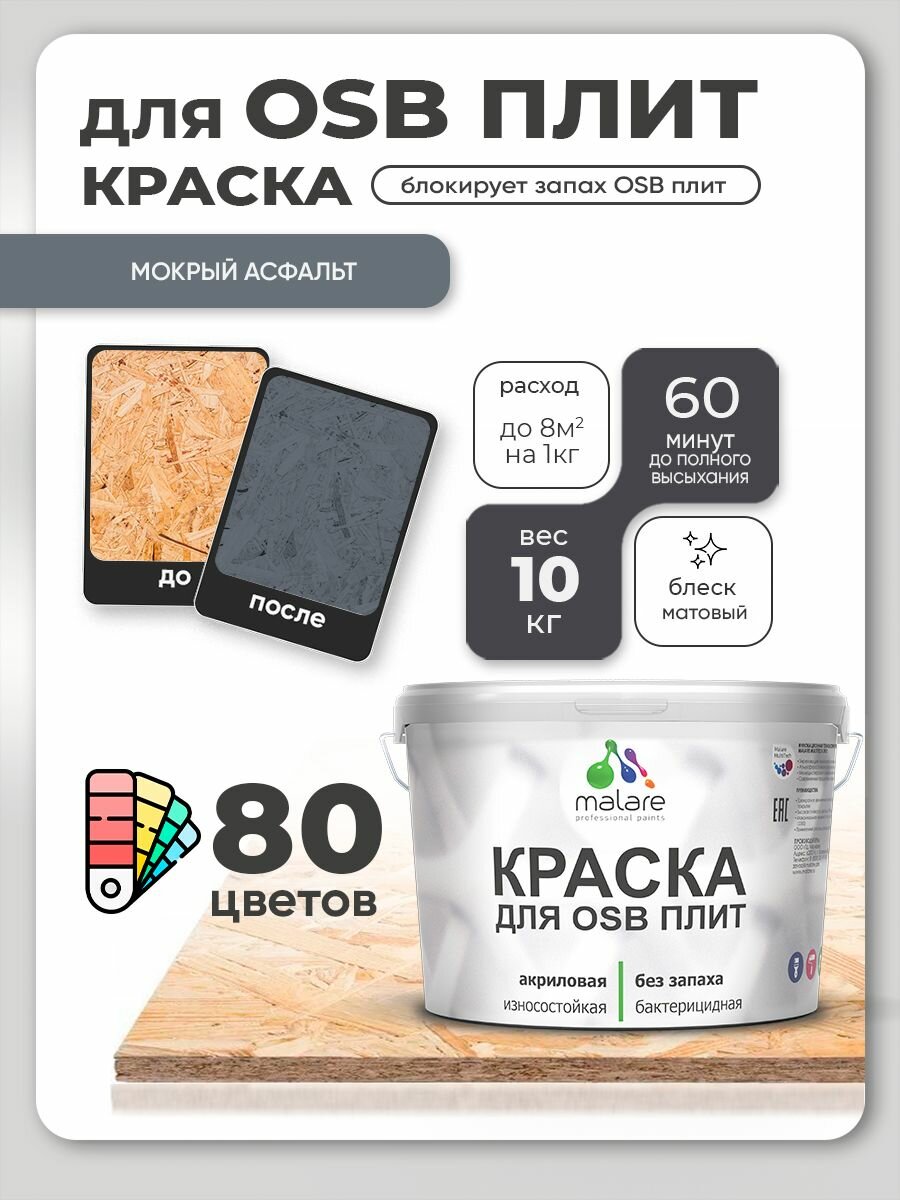 Акриловая краска для ОСБ плит Malare для дерева для наружных и внутренних работ, быстросохнущая без запаха матовая, мокрый асфальт, 10 кг