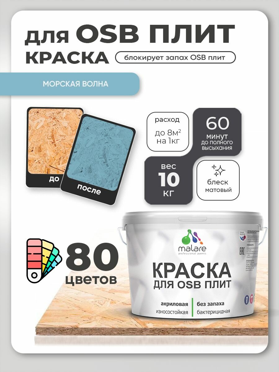 Акриловая краска для ОСБ плит Malare для дерева для наружных и внутренних работ, быстросохнущая без запаха матовая, морская волна, 10 кг