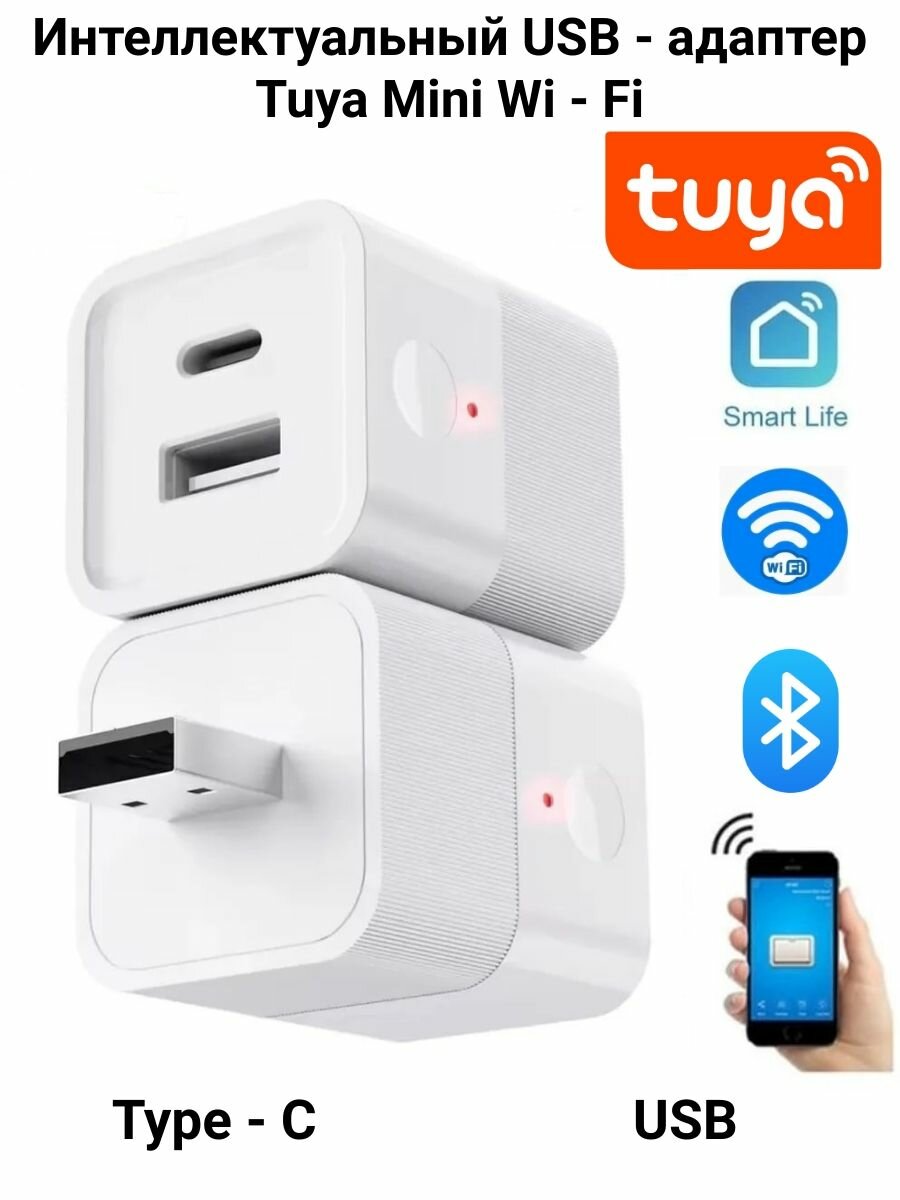 Умный USB адаптер WIFI Tuya Smart Life разъем USB / TypeC дистанционное реле включения, адаптер питания, 1 шт