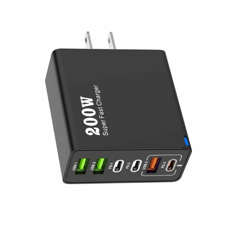 Многопортовое зарядное устройство мощностью 200 Вт 3USB + 3PD для мобильного телефона с быстрой зарядкой "шесть в одном"-Американский стандарт-черный