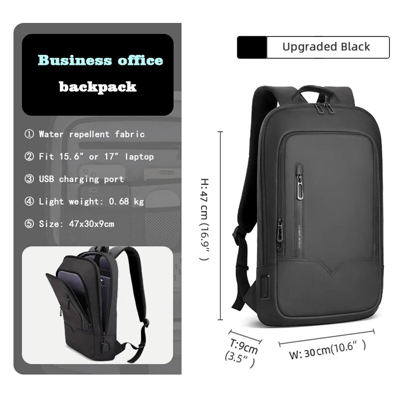 Рюкзак для ноутбука 15.6"/17" черный, водонепроницаемый, USB