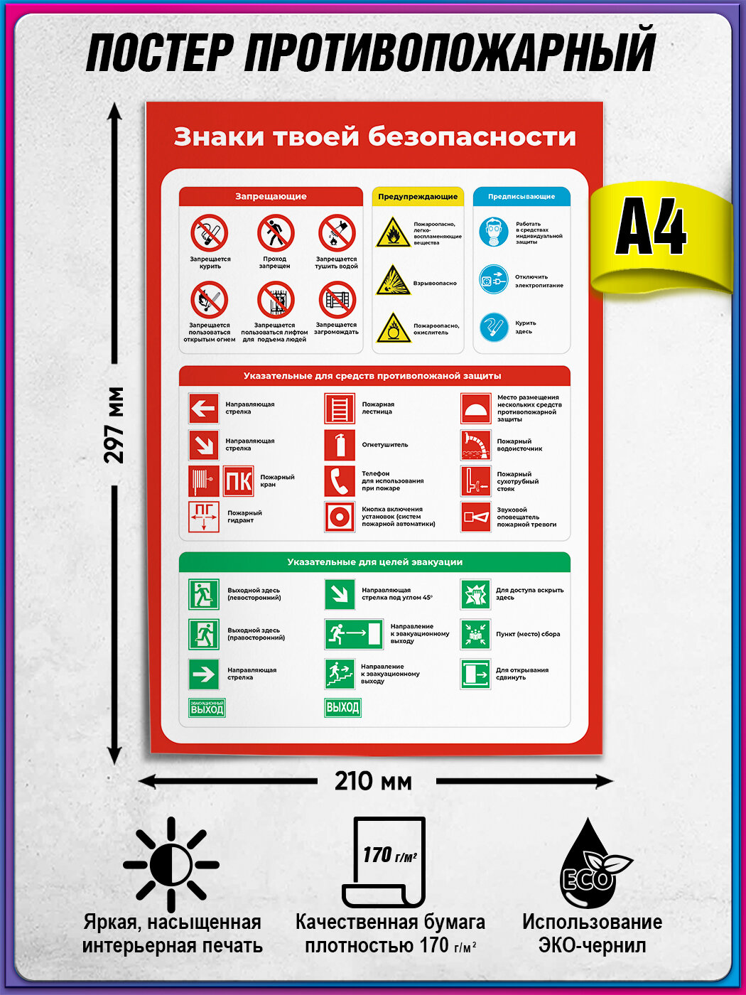 Плакат "Знаки твоей безопасности" / Постеры противопожарной безопасности / А-4 (21x30 см.)