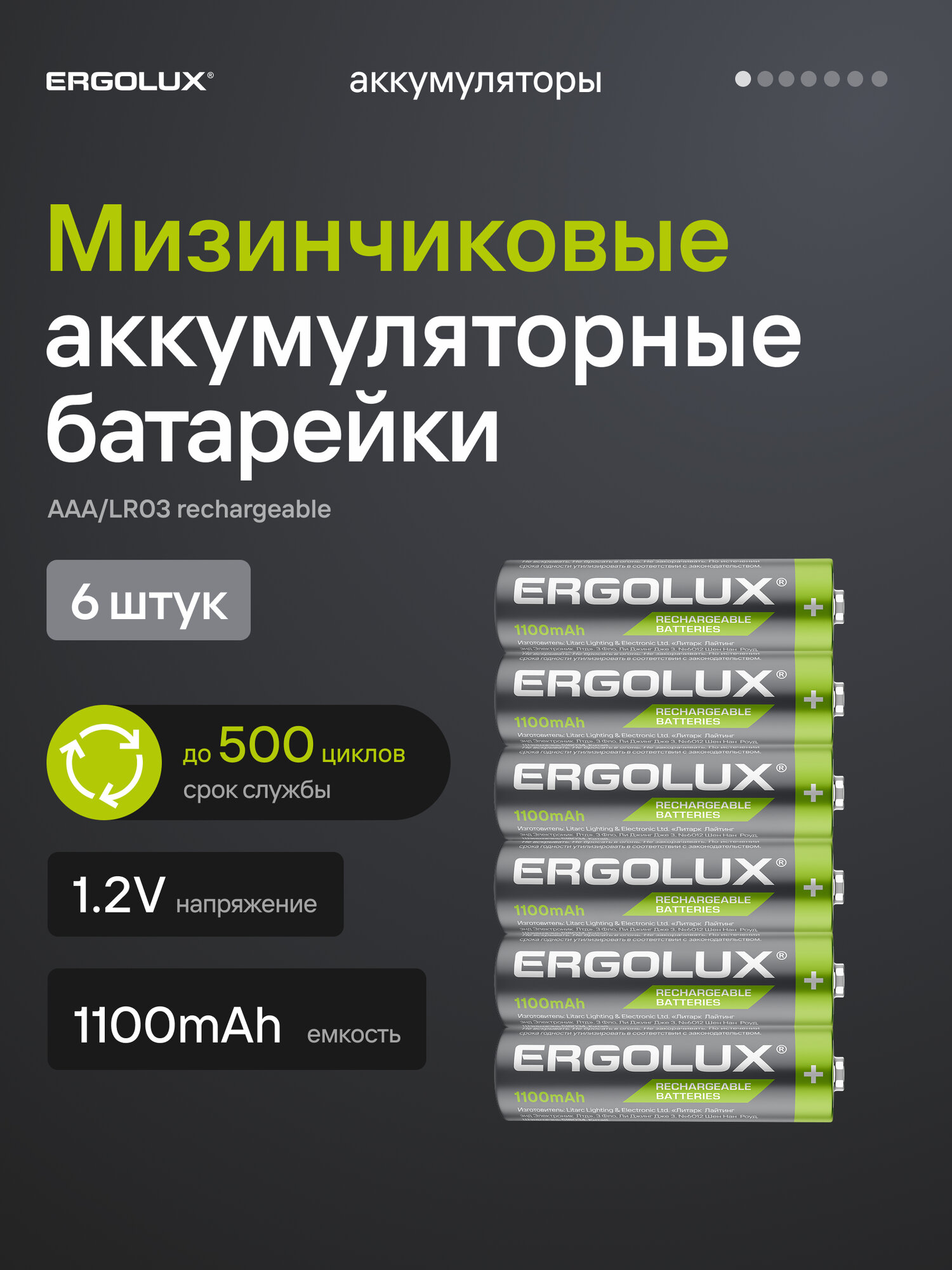 Батарейки аккумуляторные мизинчиковые Ergolux AAA 1100mAh Ni-Mh BL-6