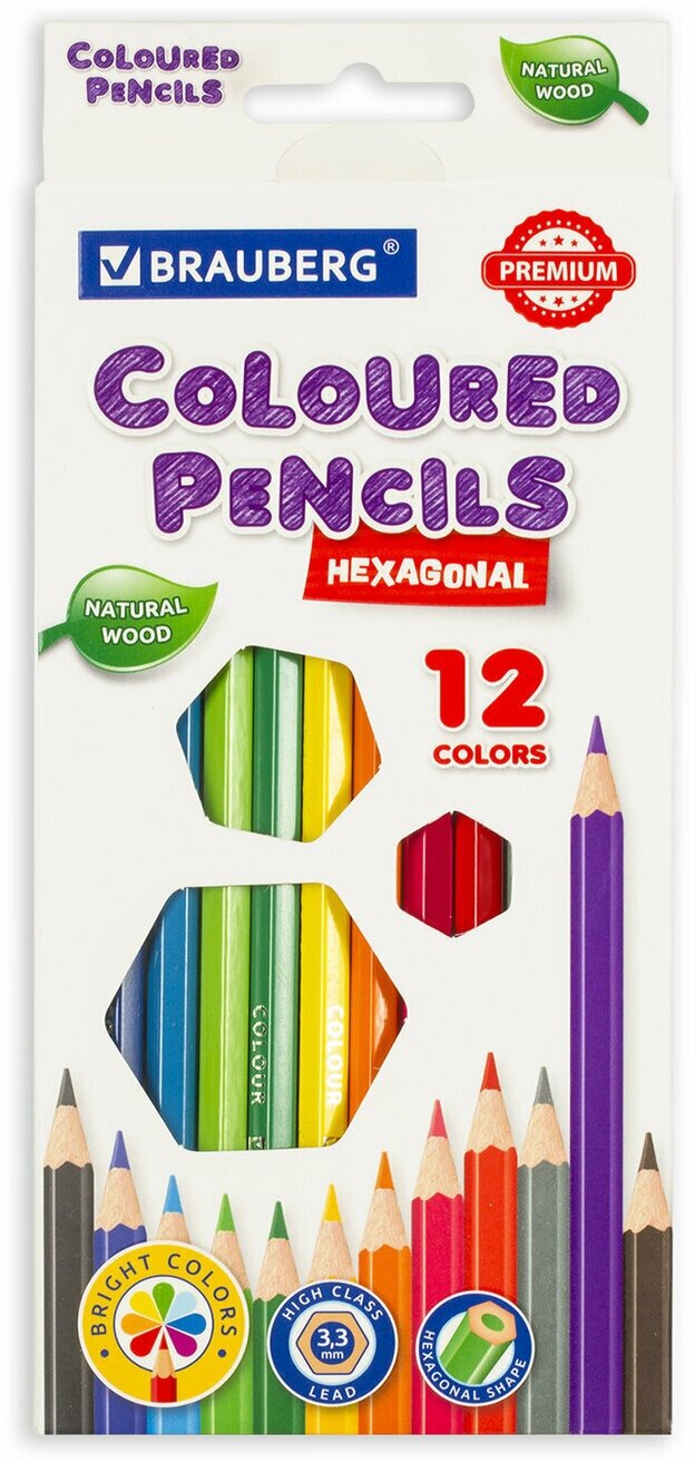 Карандаши цветные Brauberg Premium, 12 цветов, шестигранные, грифель мягкий, 3,3 мм (181656)