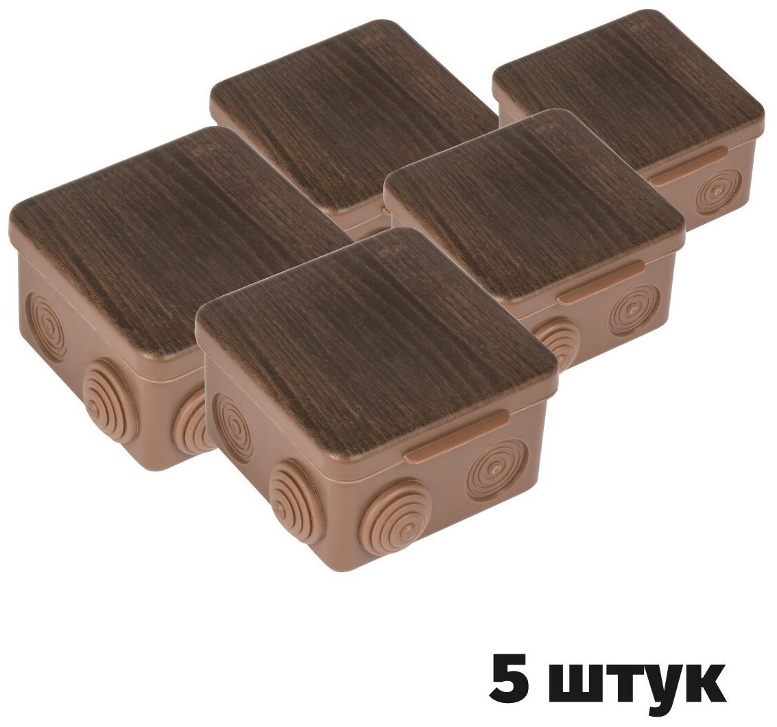 Коробка распределительная КМР-030-031 с крышкой (80х80х50) 7 мембранных вводов тёмное дерево IP54 EKF - 5штук