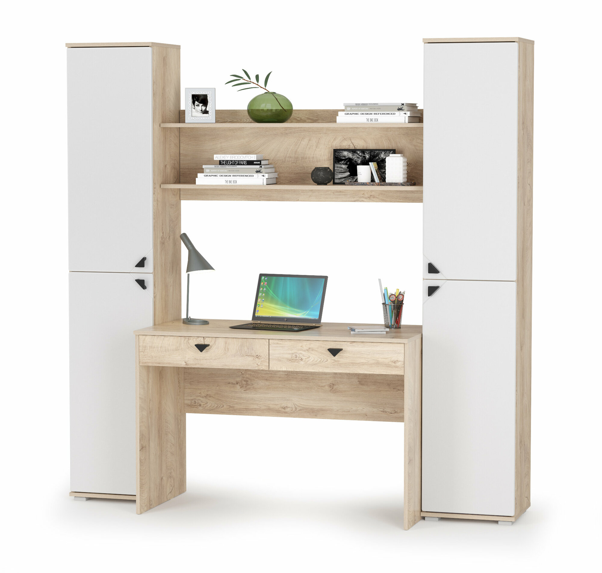Компьютерный стол письменный для дома с надстройкой с полками 193см дуб эндгрейн/МДФ милк рикамо софт - НЖ0783