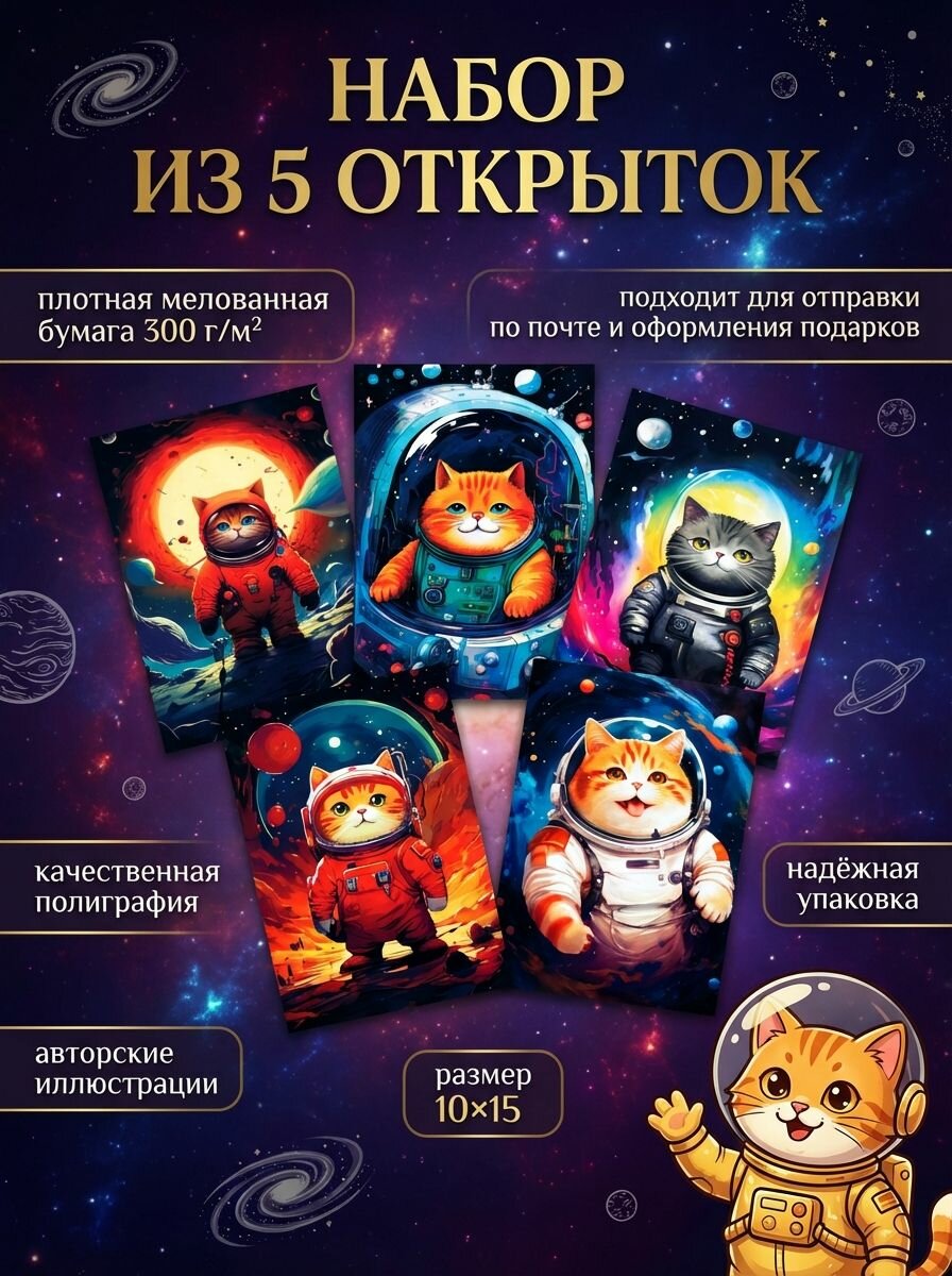 Открытки "Коты-космонавты" (5 шт, яркая печать) - Набор для посткроссинга, День космонавтики