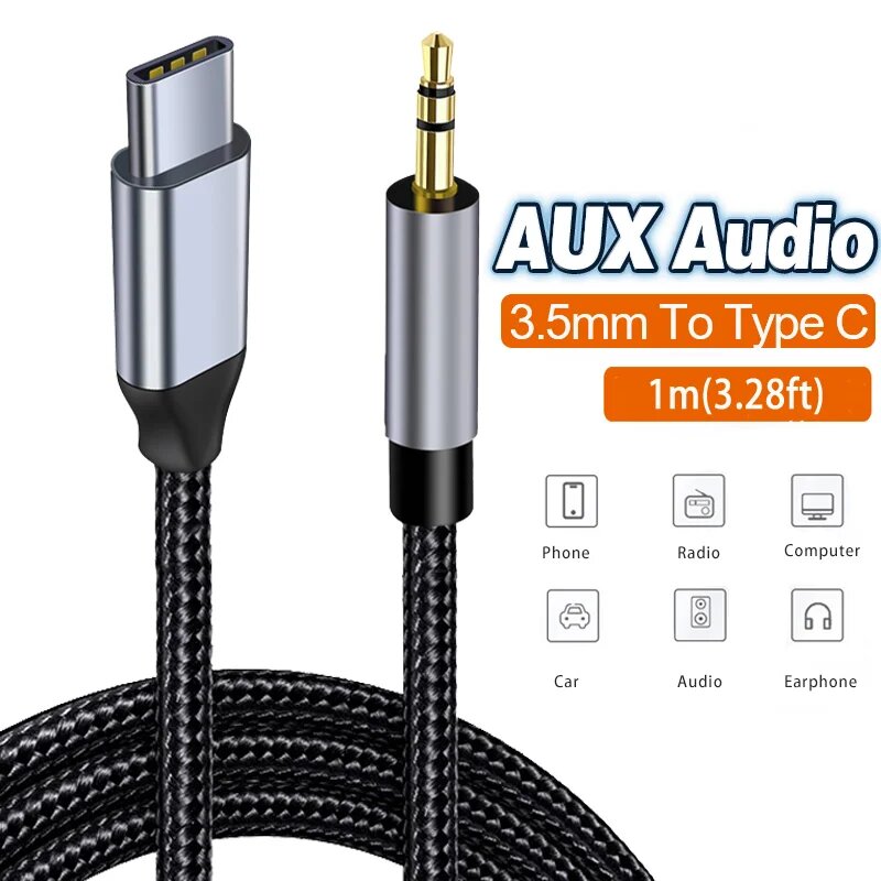 Aux-шнур USB типа C до 3,5 мм Автомобильный аудиокабель для iPhone 17 Pro Max Pixel 10 Pro 9 XL Oneplus 15 Nord5 наушники/динамик/стерео Aux to Type C 1m