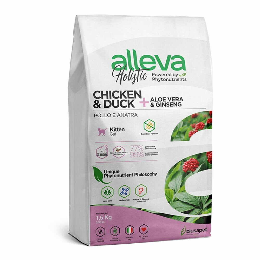 Alleva Holistic - Сухой корм для котят, беременных и кормящих, беззерновой, курица с уткой, алоэ вера и женьшенем (1.5 кг)