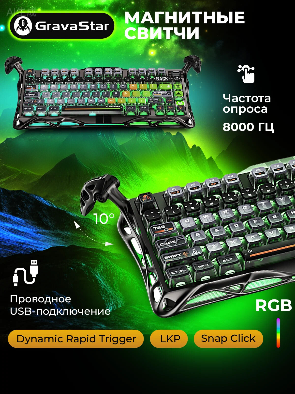Проводная игровая клавиатура с магнитными свитчами GravaStar Mercury V75 Pro - CyberFlux, с RGB подсветкой