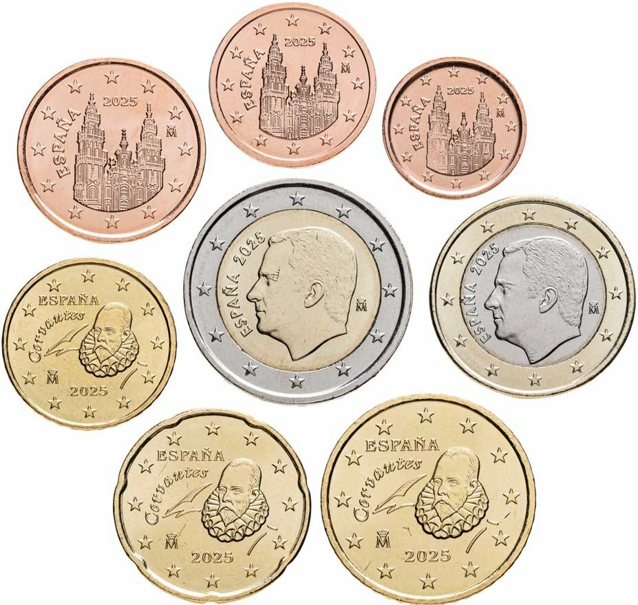 Испания полный годовой набор из 8 монет евро 2025, Биметалл, нордик, сталь с медным покрытием, в сохранности UNC