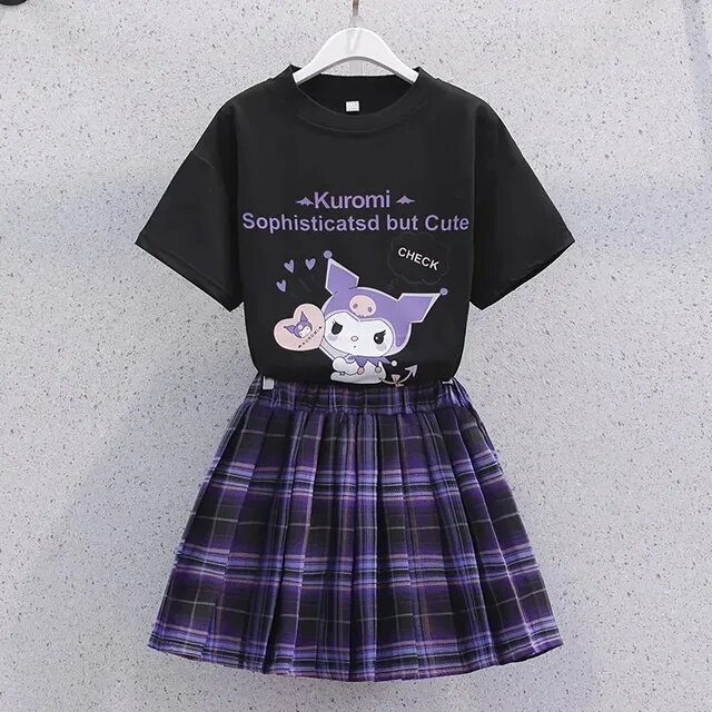 Футболка с юбкой в студенческом стиле для девочек Sanrio Kuromi Kawaii, летняя одежда, комплект из двух предметов, юбка в форме японской униформы, футболка с коротким рукавом, Размер: 160 (11-12T)