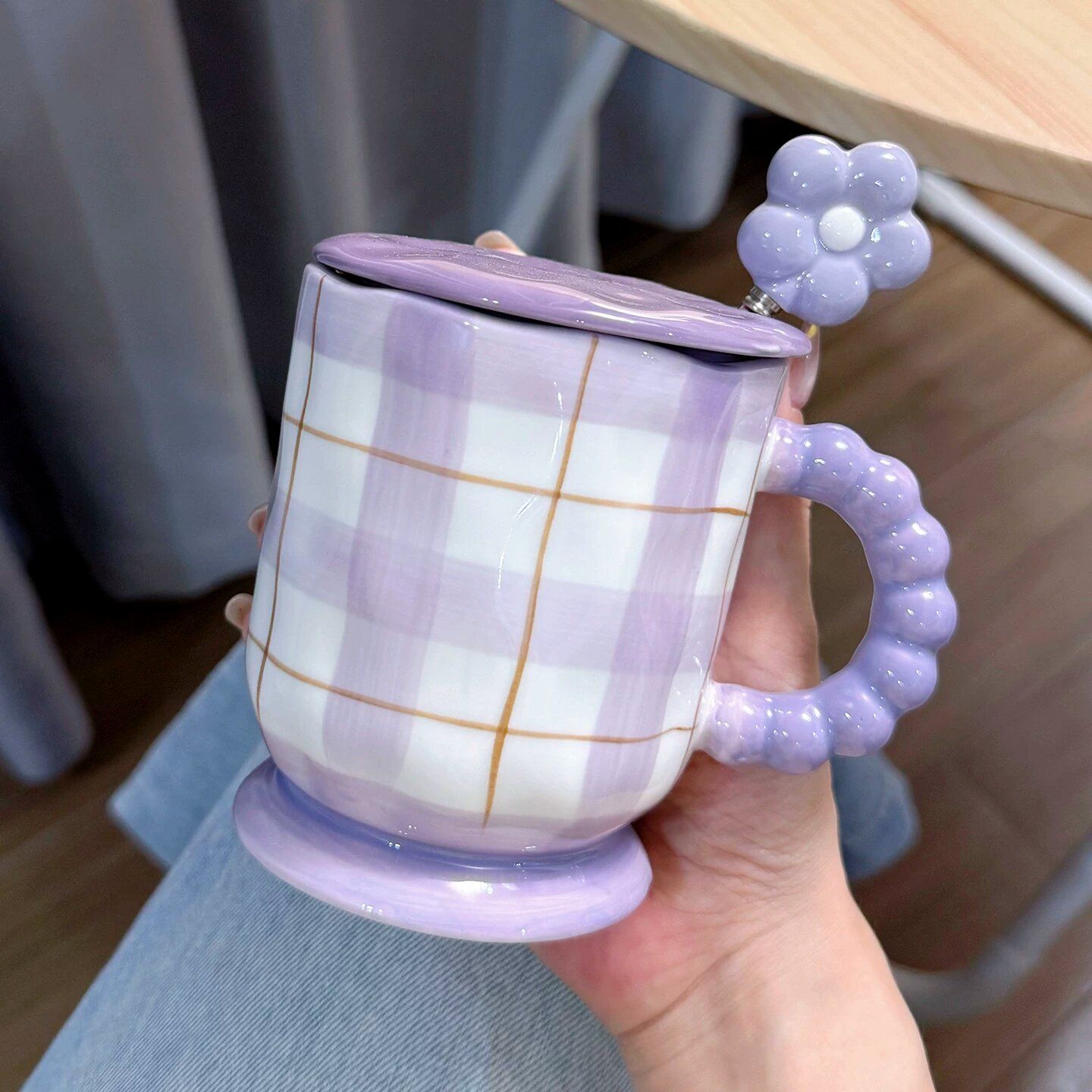 Фиолетовая кружка в клетку с крышкой и ложкой, керамическая чашка, парные чашки для воды, подарок на день рождения для