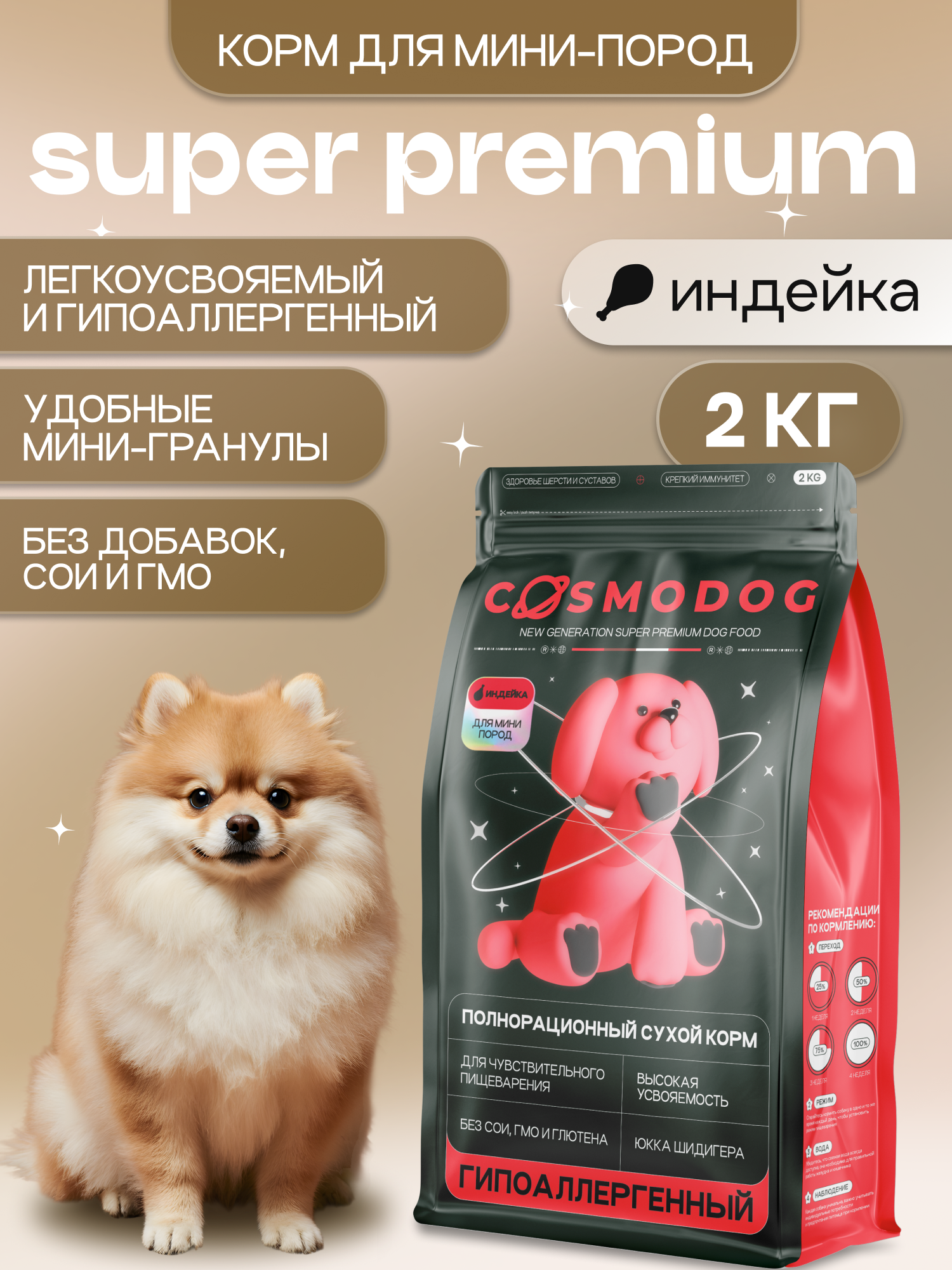 Корм для мини собак сухой с индейкой 2 кг Cosmodog, гипоаллергенный холистик супер премиум-класса для мини пород