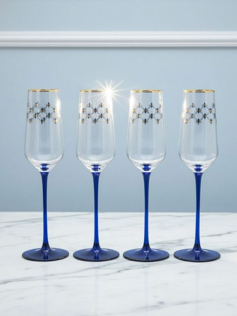 Набор бокалов для шампанского 4 шт 200 мл. Коллекция "Кобальтовая сетка" в подарочной упаковке. Императорский фарфоровый завод ИФЗ ЛФЗ. Стекло.