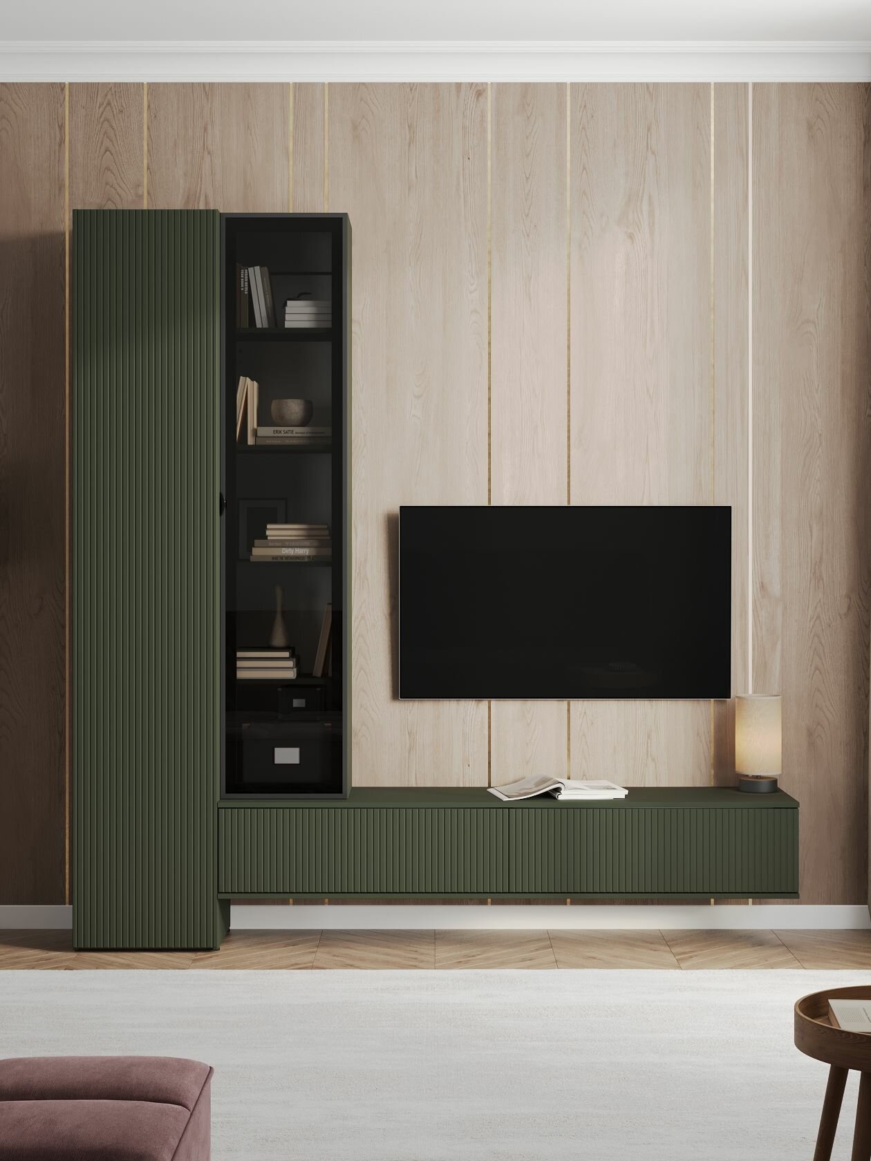 Гостиная комплект Амели Мини, тумба под телевизор, шкаф-витрина, шкаф-пенал, 225.2х41.6х231 см, Оливковый базальт
