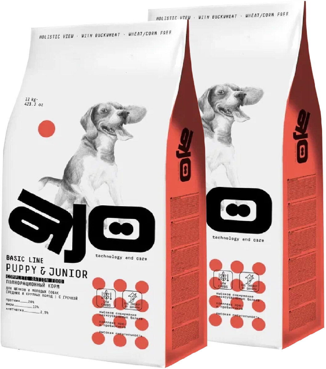 Корм сухой Ajo Dog Basic Line Puppy & Junior для щенков и молодых собак средних и крупных пород, индейка и гречка, 12 кг х 2 шт