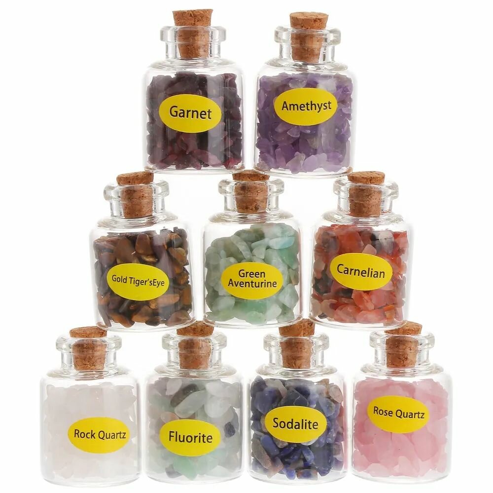 Коллекция из 9 разноцветных кристаллов в миниатюрных бутылочках для домашнего декора