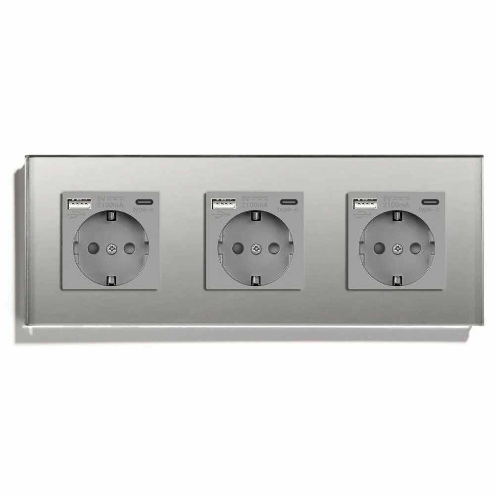 Розетка электрическая тройная с USB и type-C входами, в стандартный подрозетник, рамка закаленное стекло Серая
